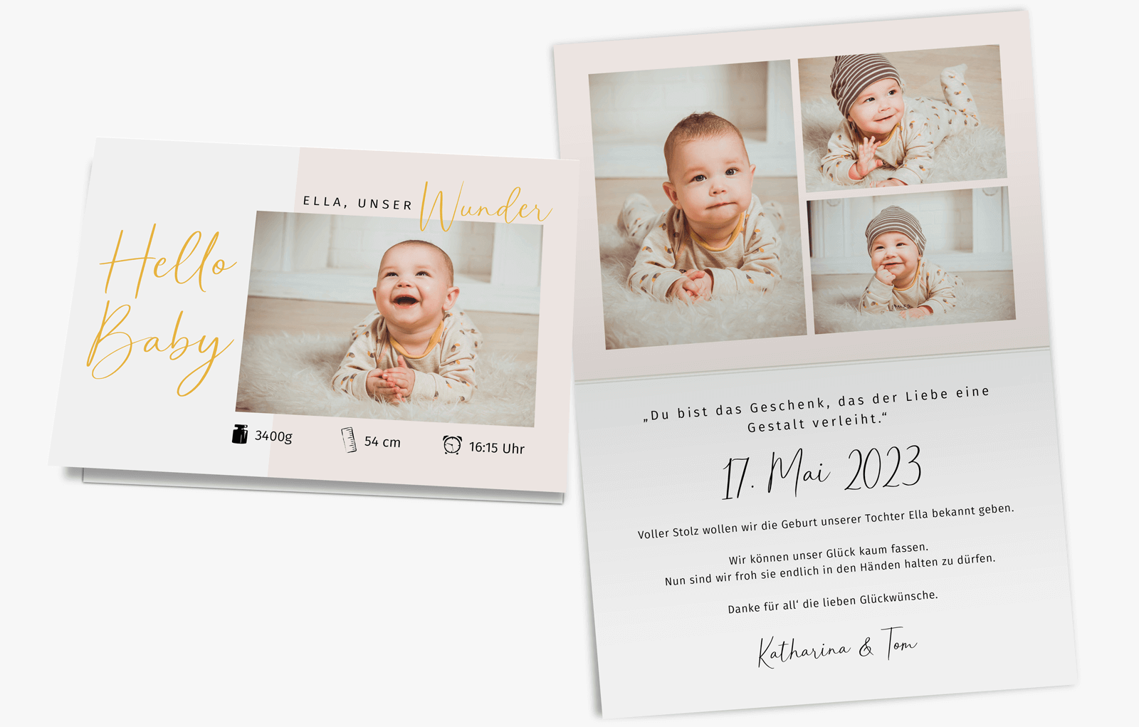 Geburtskarte mit Fotos | Hello Baby | mit Veredlung